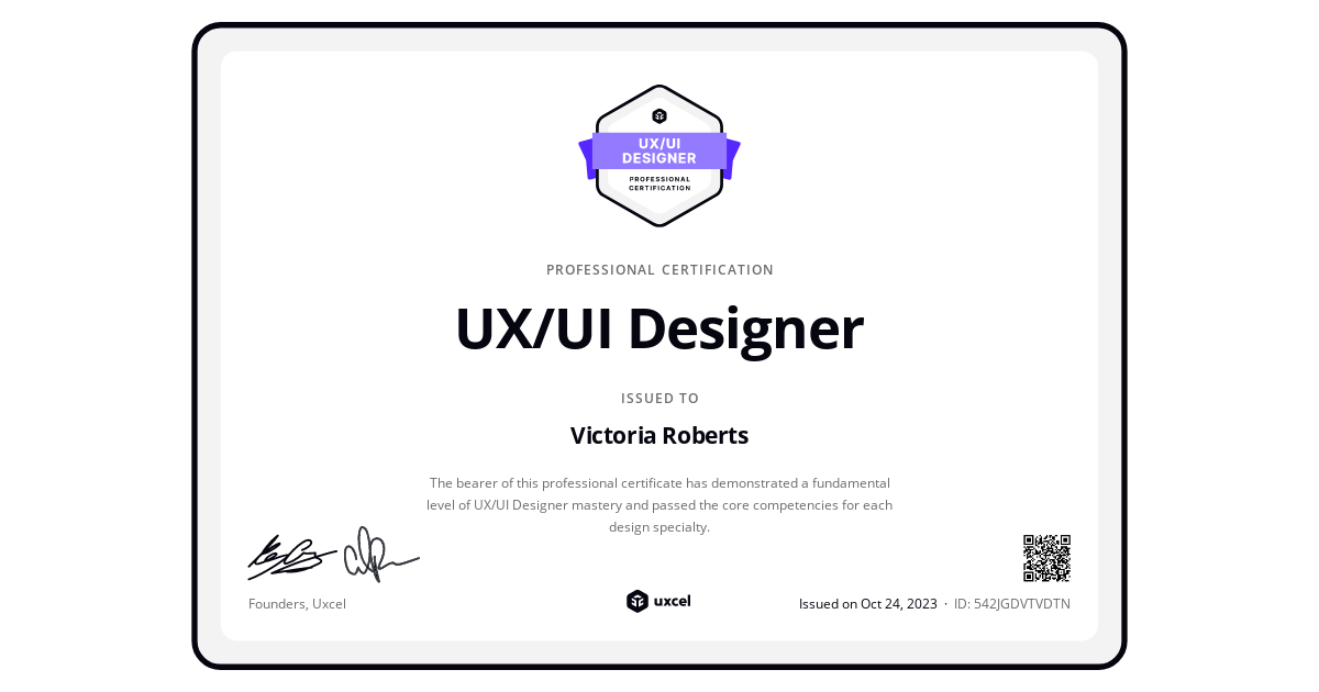 Uxcel Certification Certificate of Completion | Uxcel